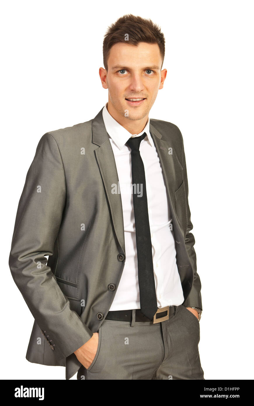 Elegant guy in modern gray suit isolated on white background Stock ...