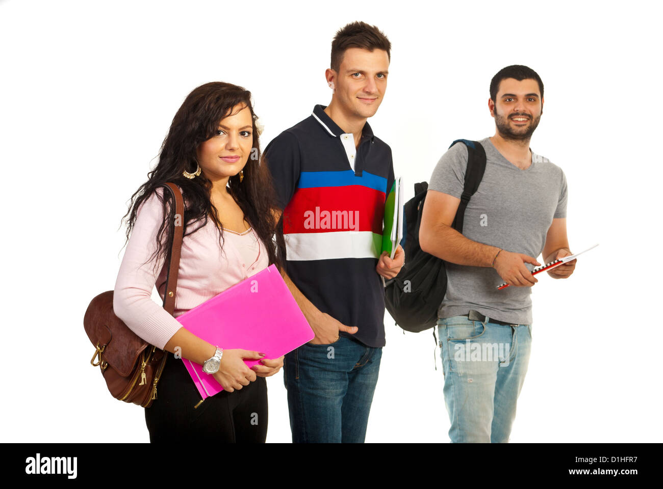 Cheerful group of three students isolated on white background Stock ...
