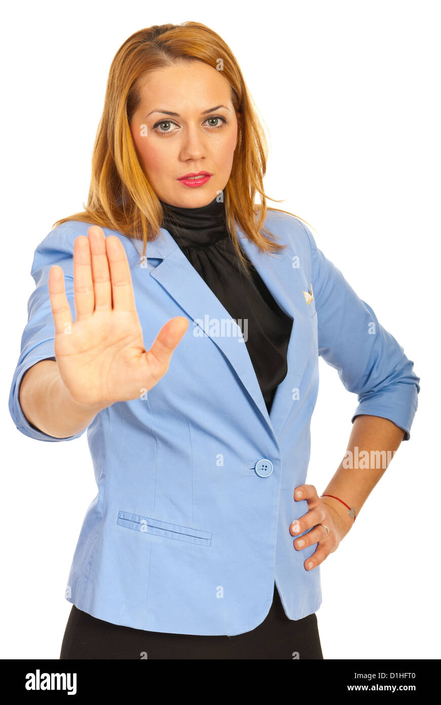 Business woman showing stop hand isolated on white background Stock ...