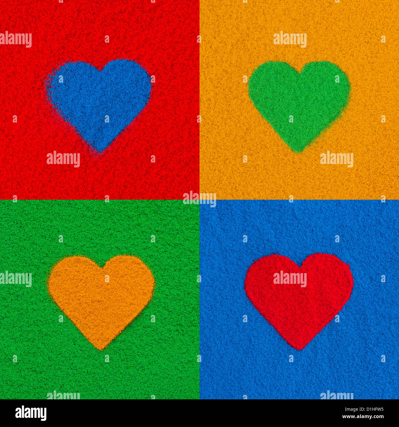 Heart shapes on a coloured powder square pattern Stock Photo - Alamy