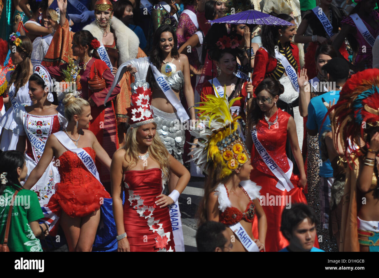 Naha, Okinawa, Japan, beauty queens of different countries along ...