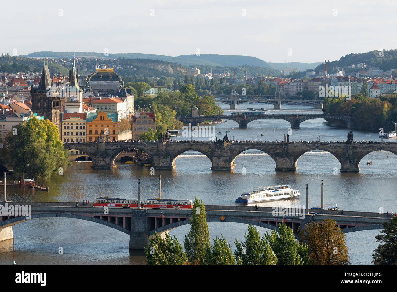 View across Manesuv Bridge to Charles Bridge and the Vltava River ...