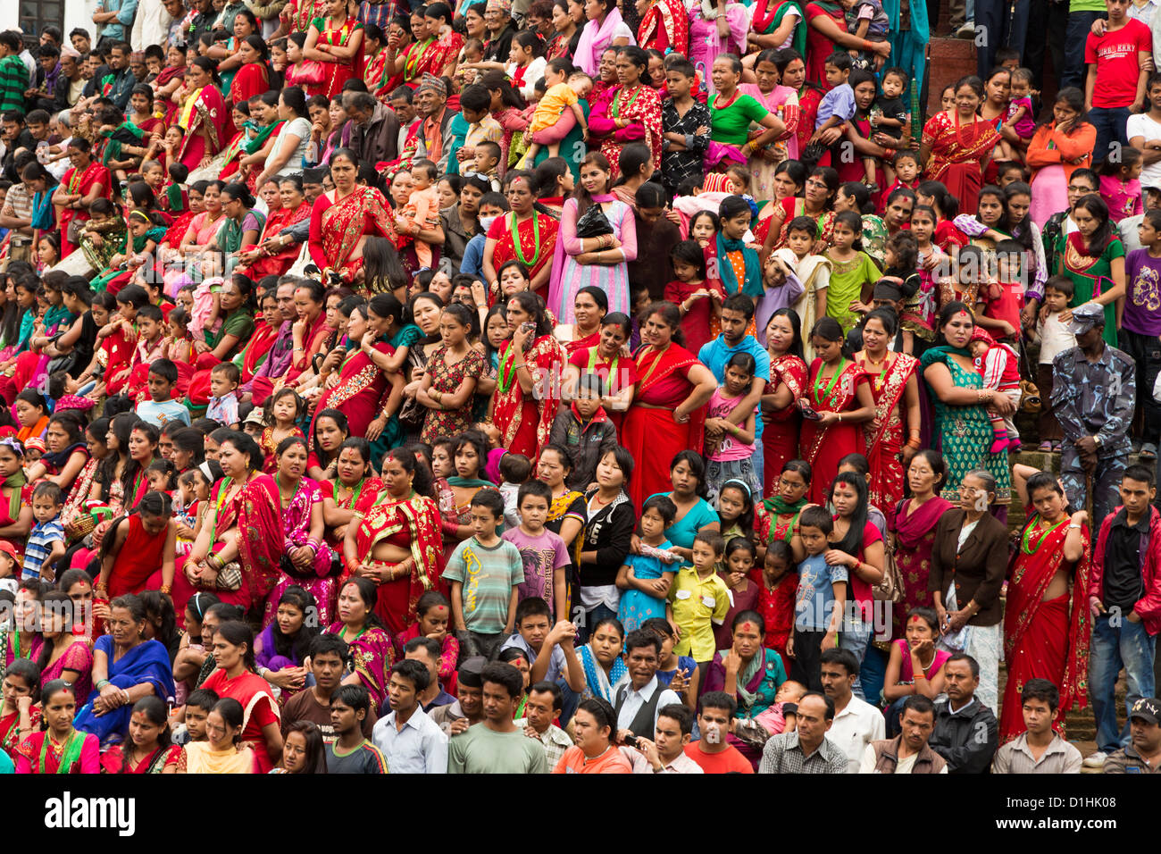 Large group of women attending the Teej festival on Durbar square in ...