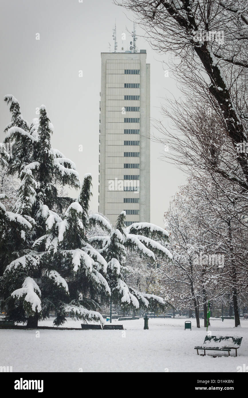 Skyscraper in the snow Stock Photo - Alamy