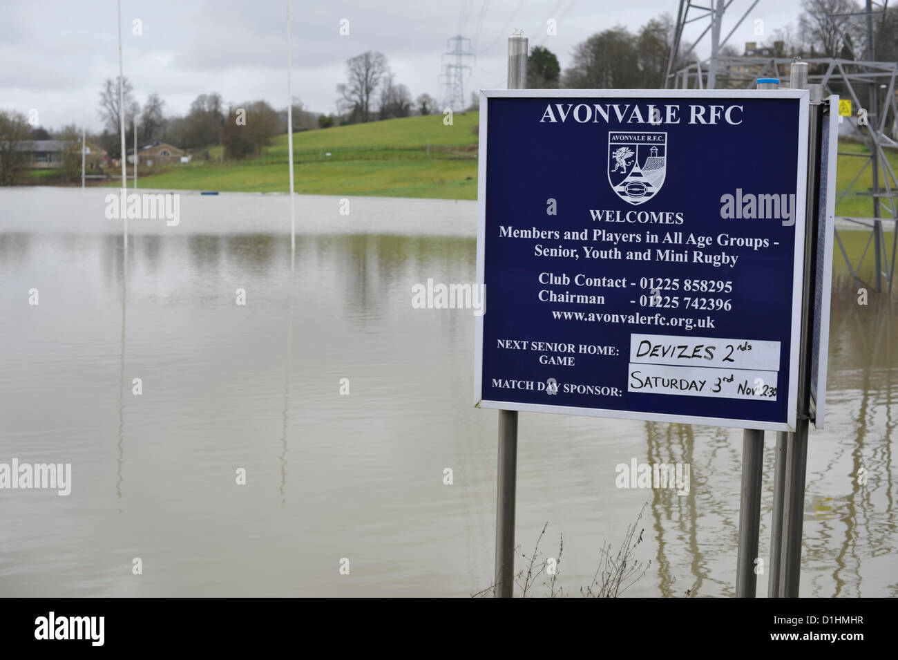 Bathford,UK. 23rd Dec, 2012. Flooding on the Avonvale RFC rugby pitch ...