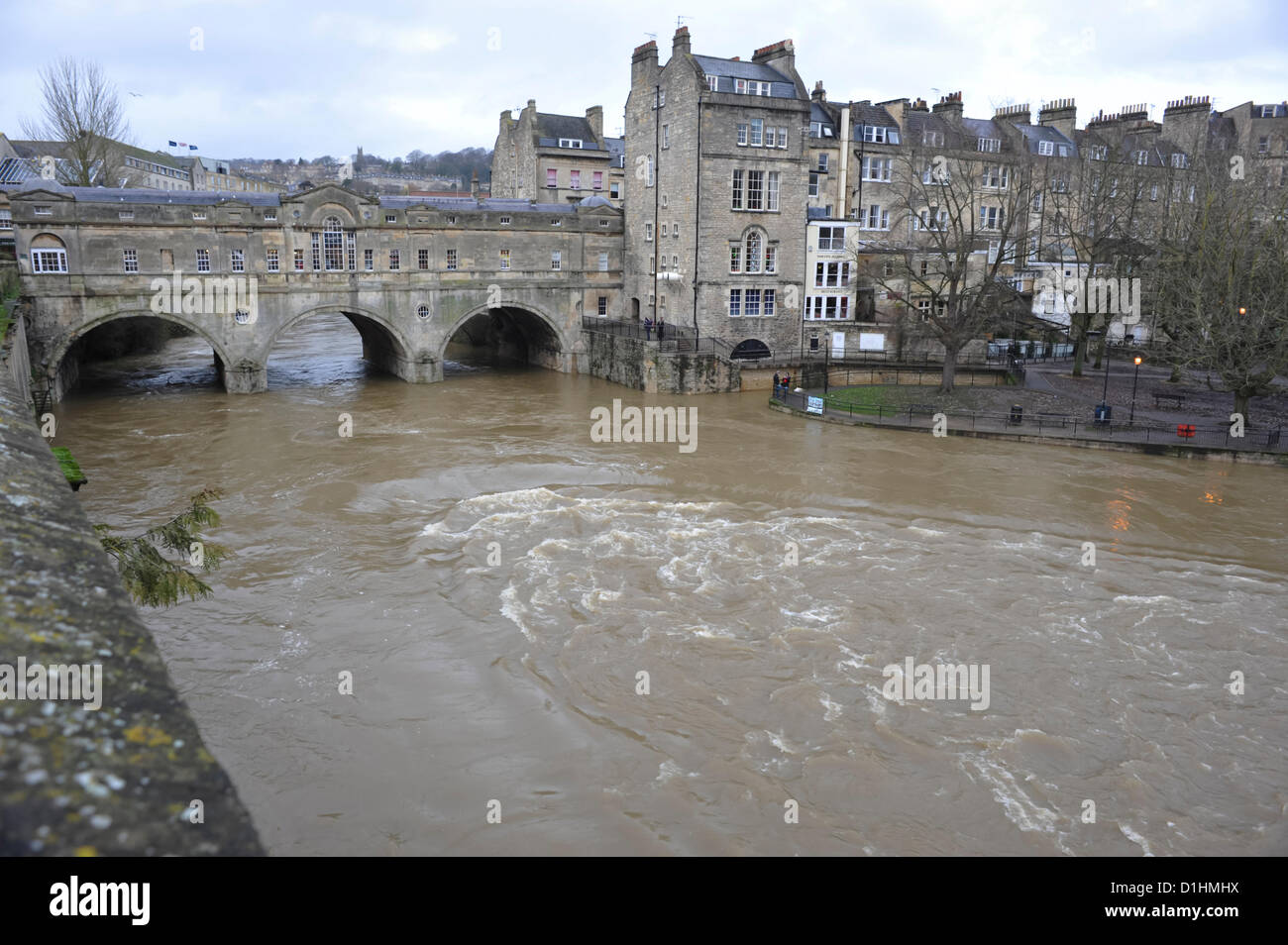 Bath,UK. 23rd Dec, 2012. Floodwater in the River Avon at Bath totally ...