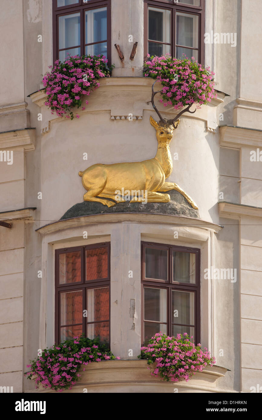 Sculpted golden deer on building facade in Olomouc, North Moravia ...