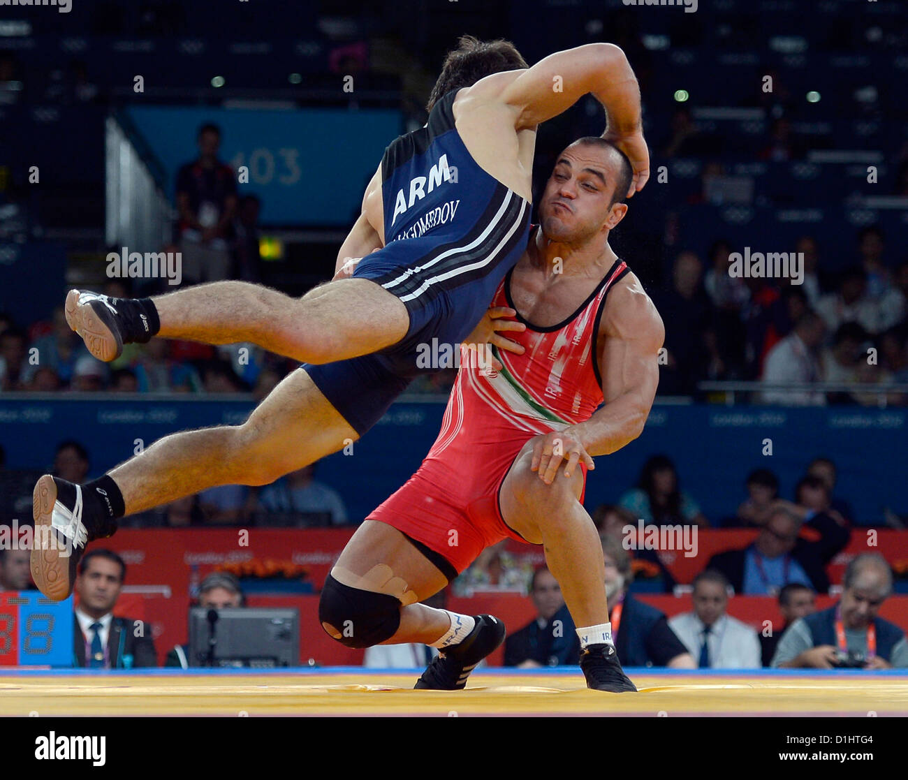 Eshan Naser Lashgari (IRI, Iran, red) and Gadzhimurad Nurmagomedov (ARM, Armenia). Mens ...