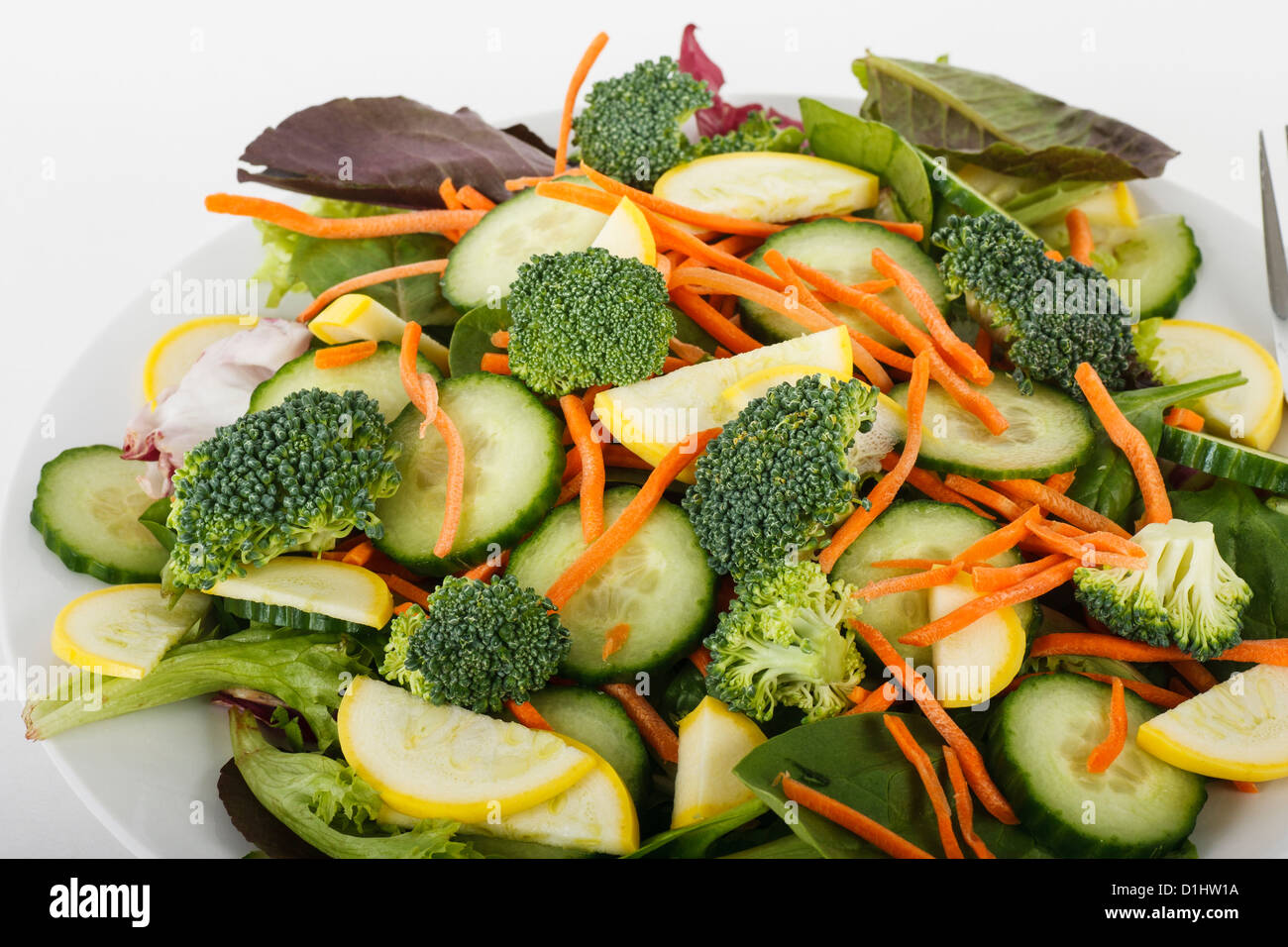 A fresh salad of fresh cucumber, squash, broccoli, carrots and lettuce ...