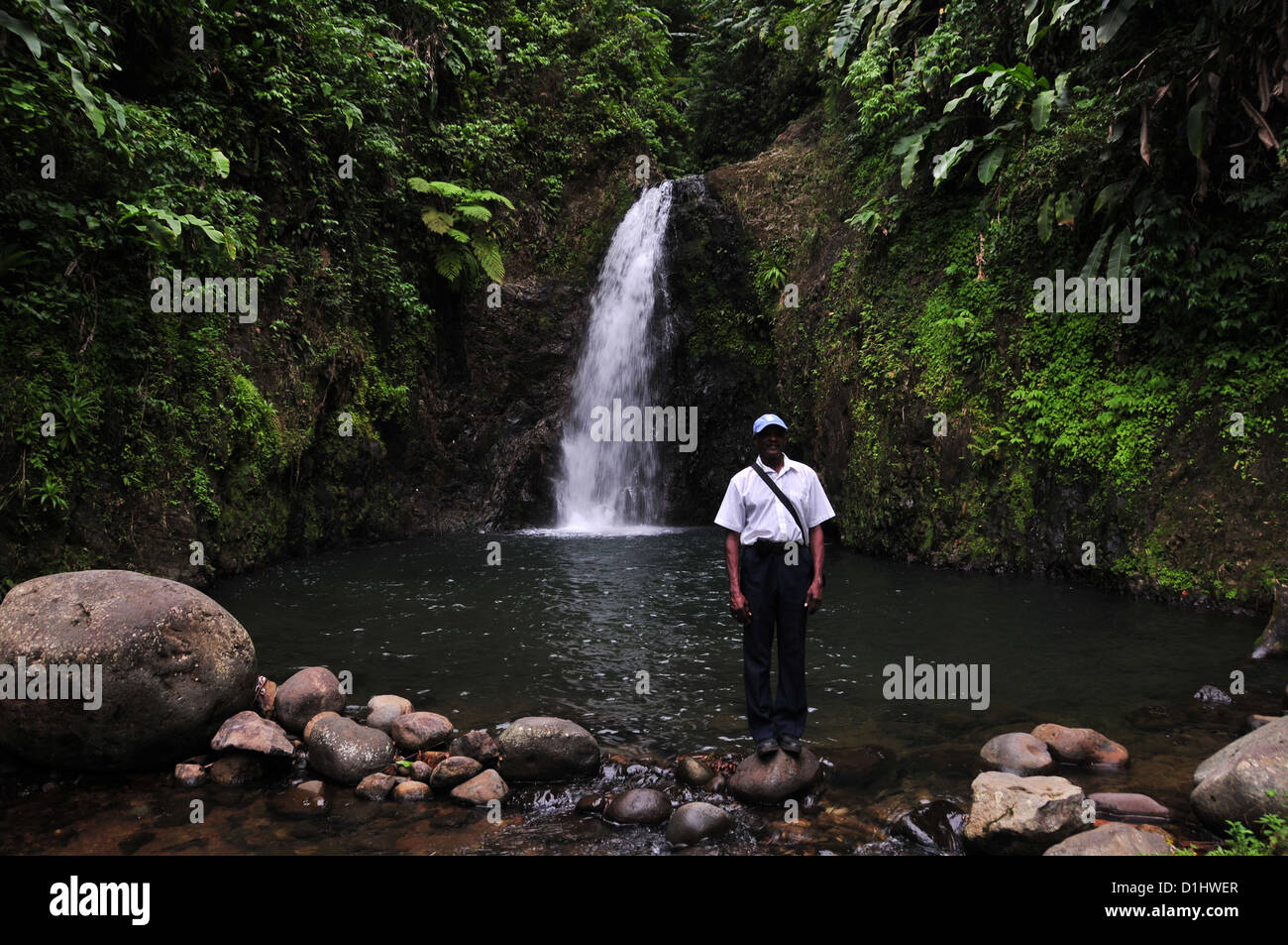 African-West Indian guide standing rocks plunge-pool, white cascade ...