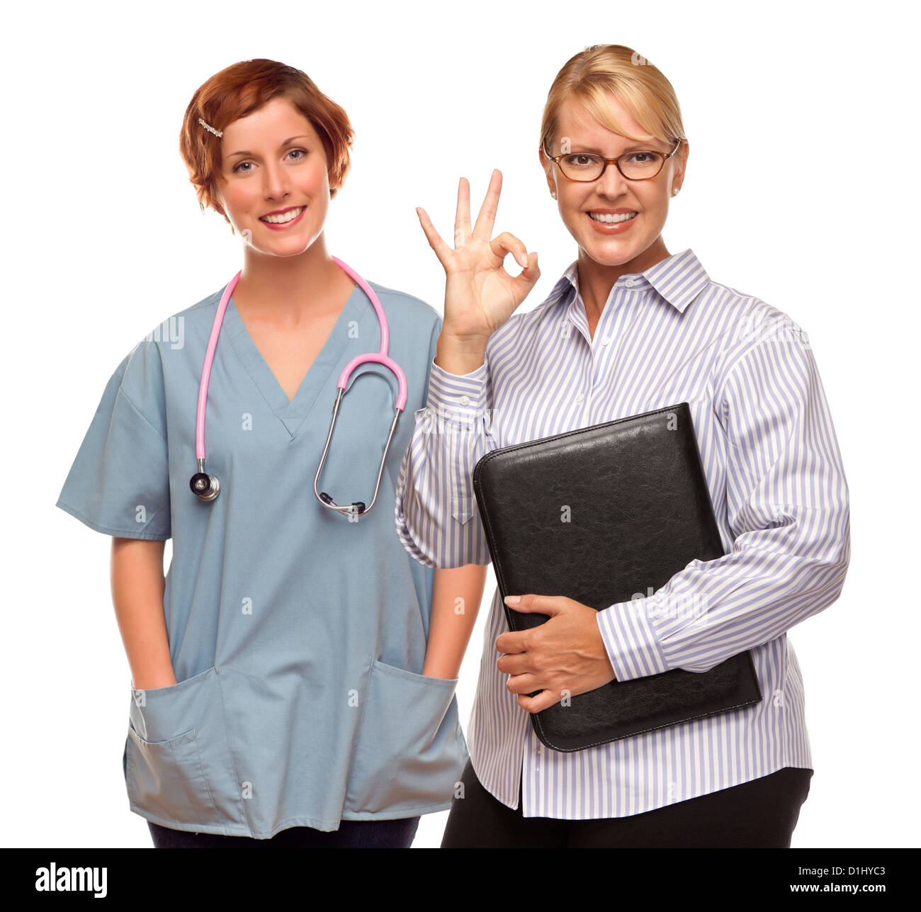 Businesswoman Making Okay Hand Sign with a Doctor or Nurse Isolated on ...