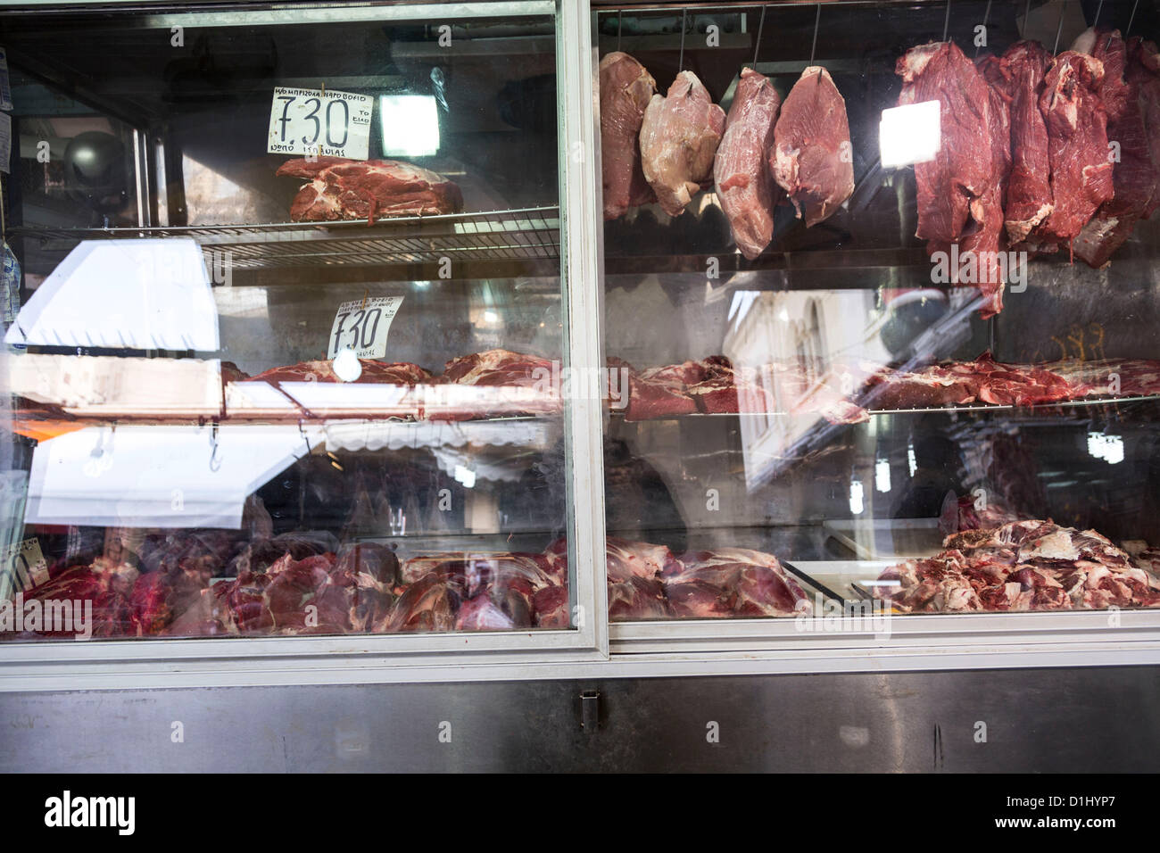 Thessaloniki, Greece. December 23, 2012. Butcher fridge full of fresh ...