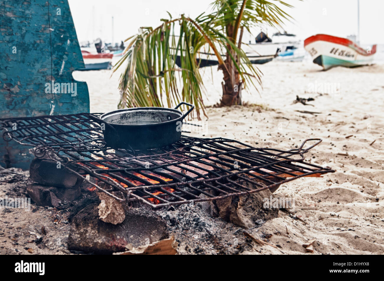 Cook fire on beach, Isla Mujeres, Yucatan Peninsula, Quintana Roo ...