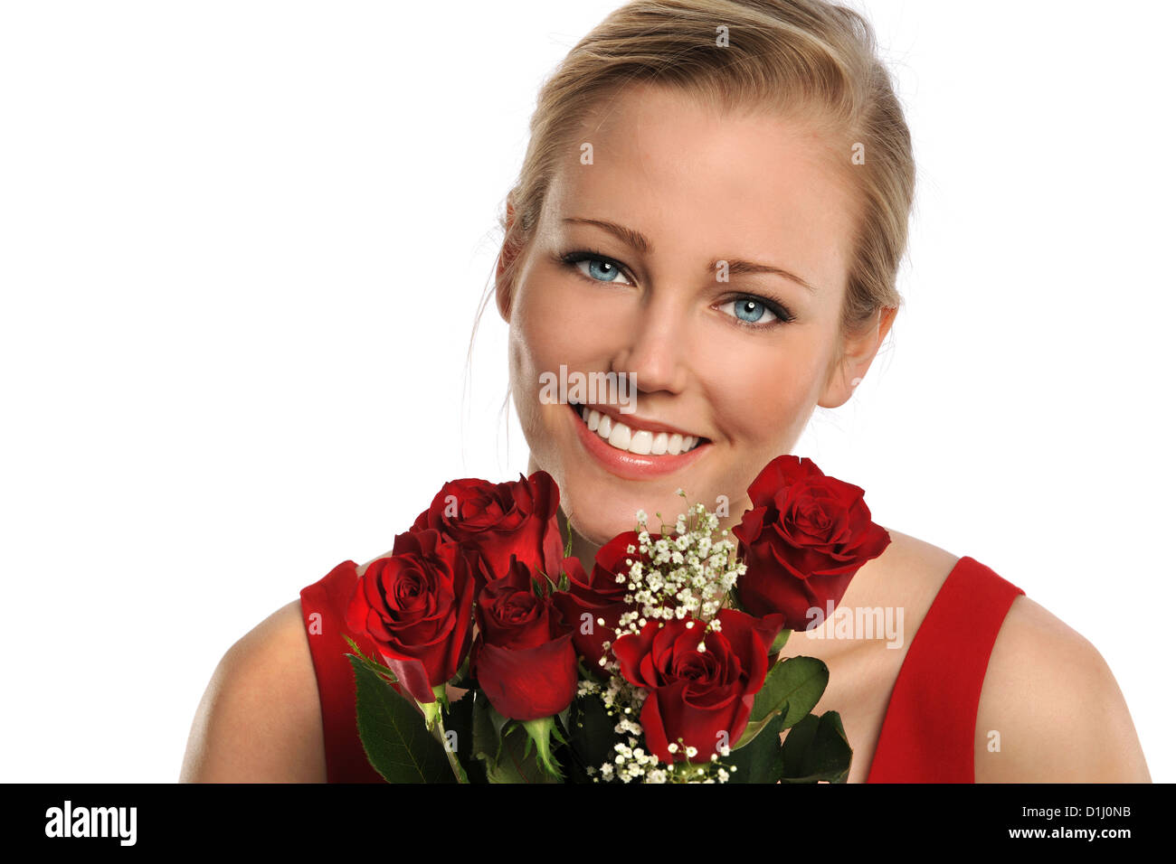 Portrait of beautiful young woman holding bouquet of roses isolated ...