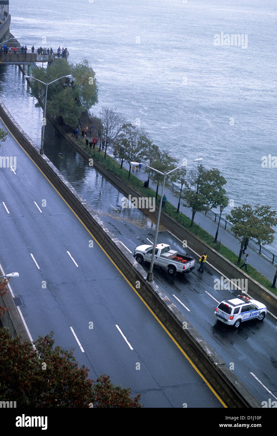 Road. Aerial of hurricane storm damage to New York City. Overflowing ...