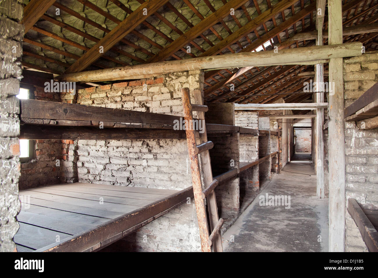 Interior of one of the barracks in the former Auschwitz II–Birkenau ...