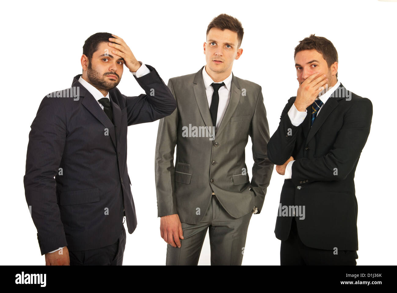 Worried and stressed group of business men thinking at solutions ...