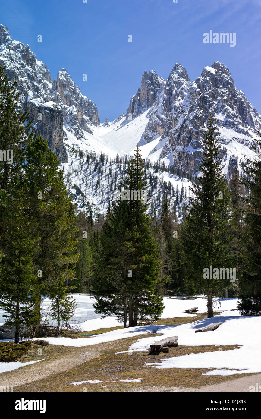 Italy, Dolomites, Veneto, view of the Cadini di Misurina mountain from ...