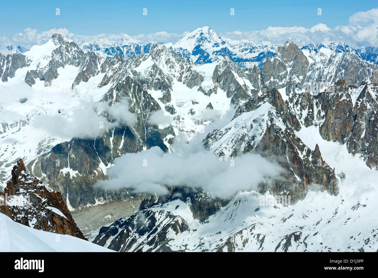 Mont Blanc mountain massif summer landscape(view from Aiguille du Midi Mount, French ) and ...
