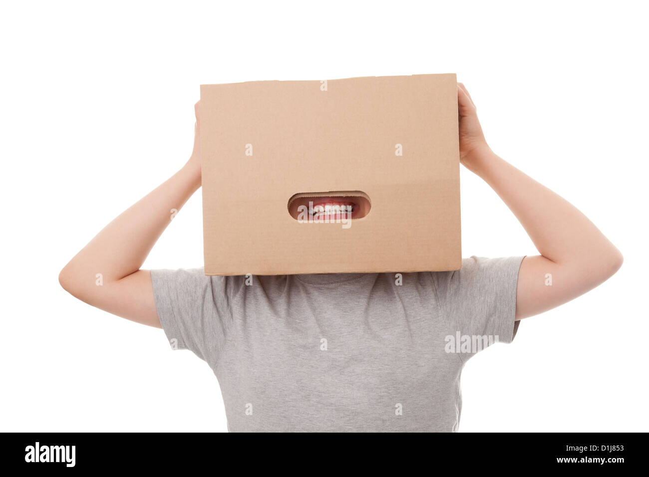 boy with a box on a head, isolated over a white background Stock Photo ...