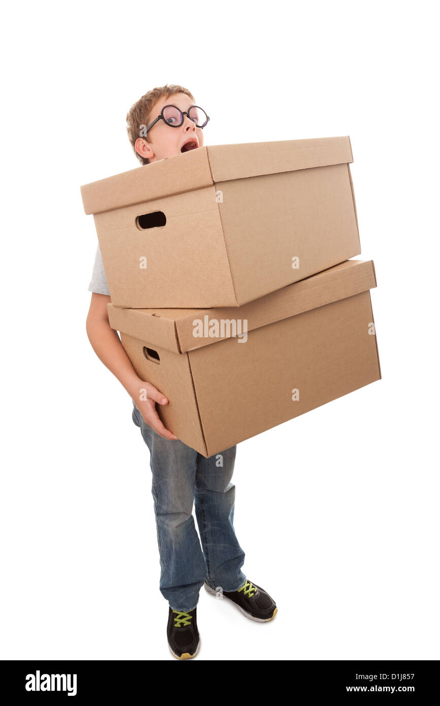 Boy holding a box, isolated over a white background Stock Photo - Alamy