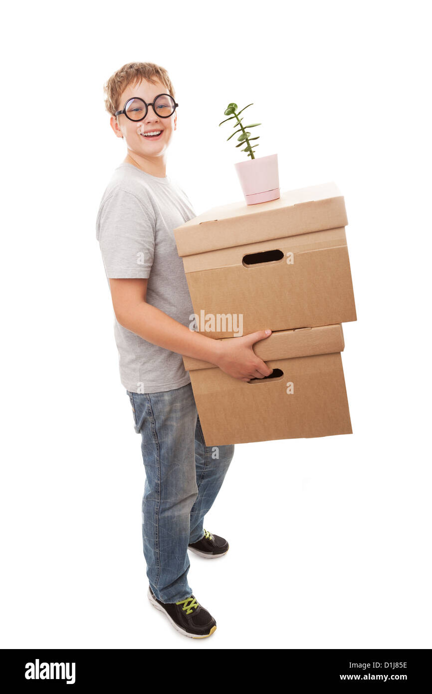 Boy holding a box, isolated over a white background Stock Photo - Alamy
