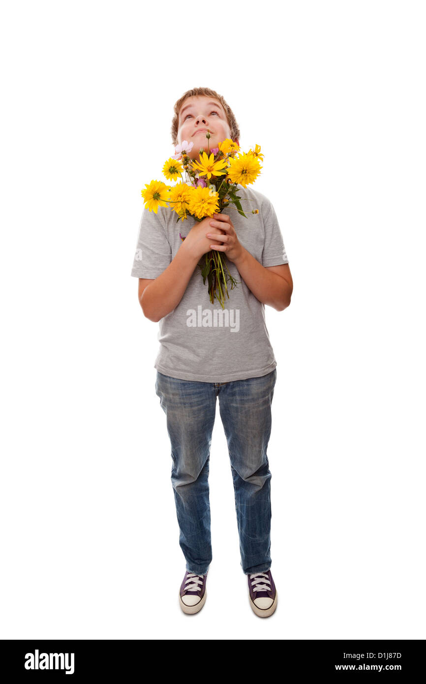 boy with a bouquet of flowers , isolated on white Stock Photo - Alamy