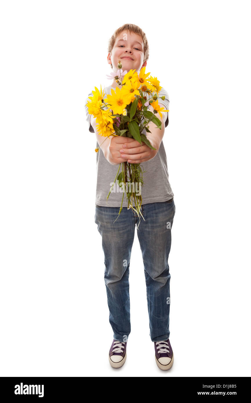 boy with a bouquet of flowers , isolated on white Stock Photo - Alamy
