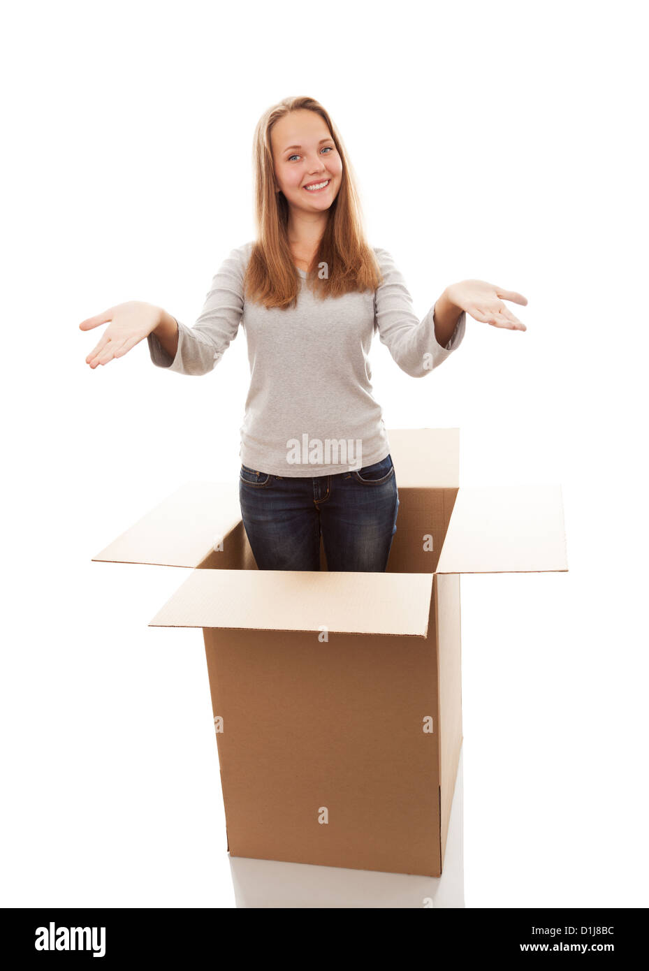 woman with a box isolated on white Stock Photo - Alamy