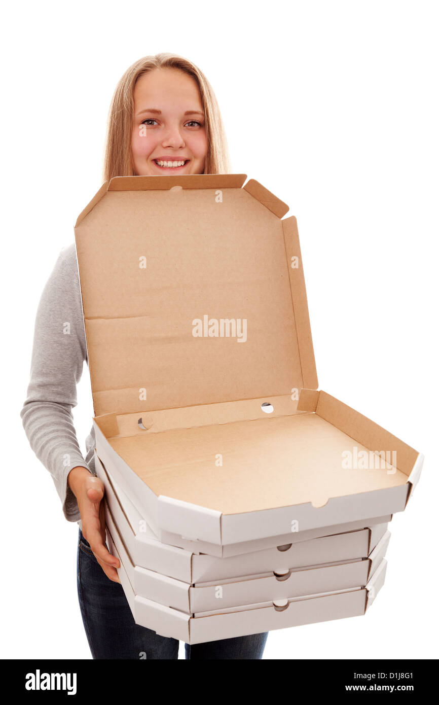 The girl smiles and has a box for a pizza on a white background Stock ...