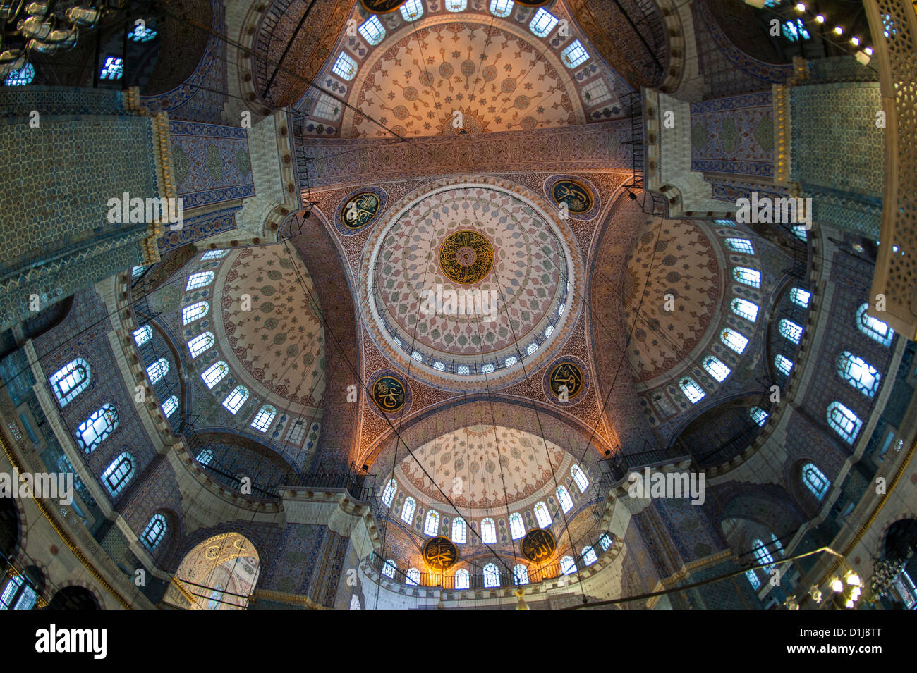 Fish-eye view of the interior architecture inside Yeni Cami New Mosque ...