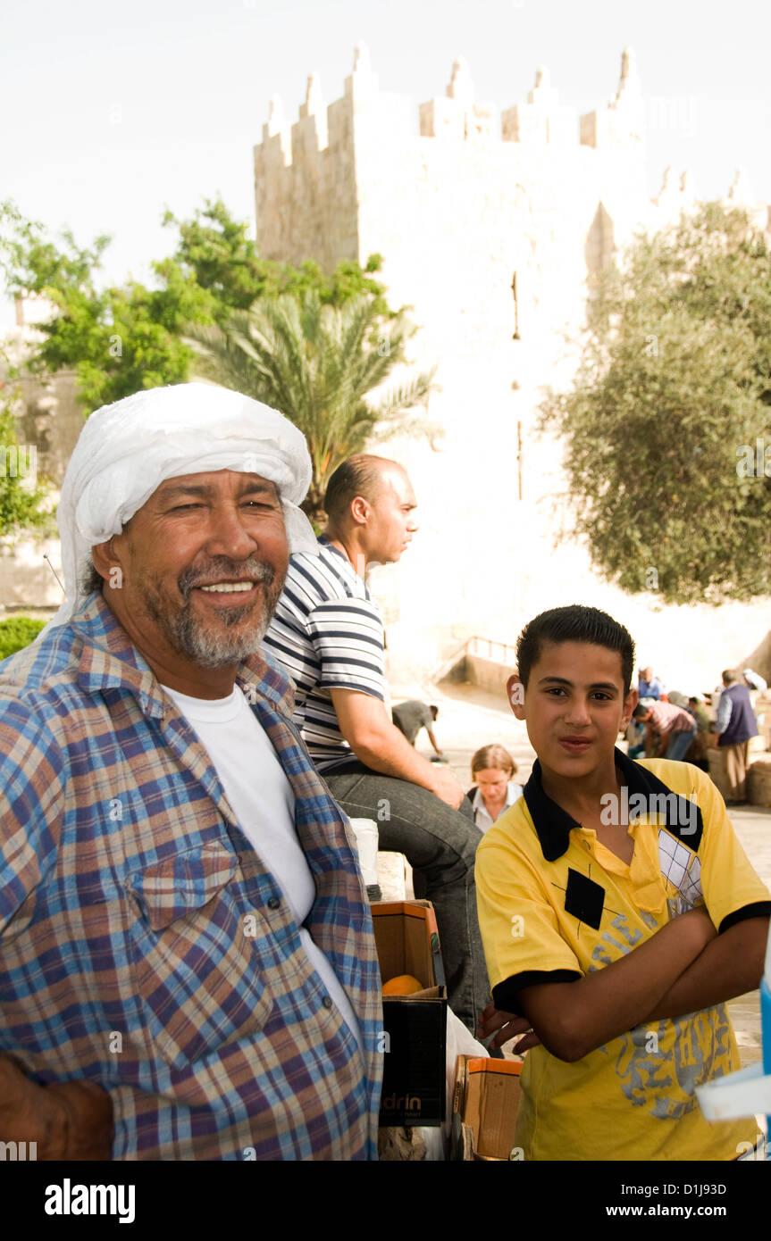Palestinian juice vendor man helper son smiling tourists Damascus Gate ...