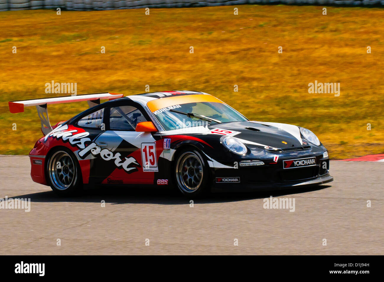 A Porsche GT3 car practices for the ALMS American Le Mans Series Mobile ...