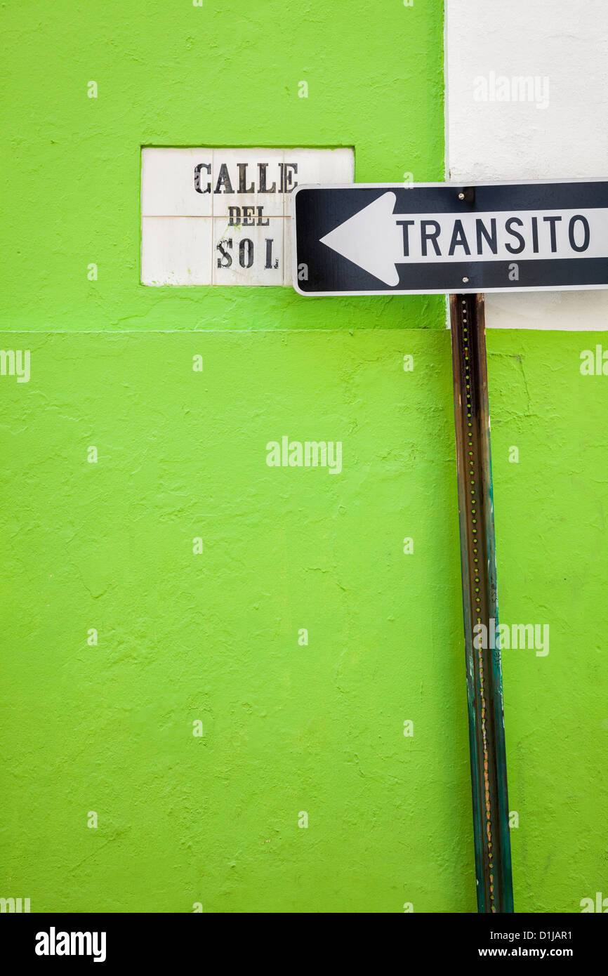 Calle del Sol street sign and one way Transito sign, Old San Juan ...