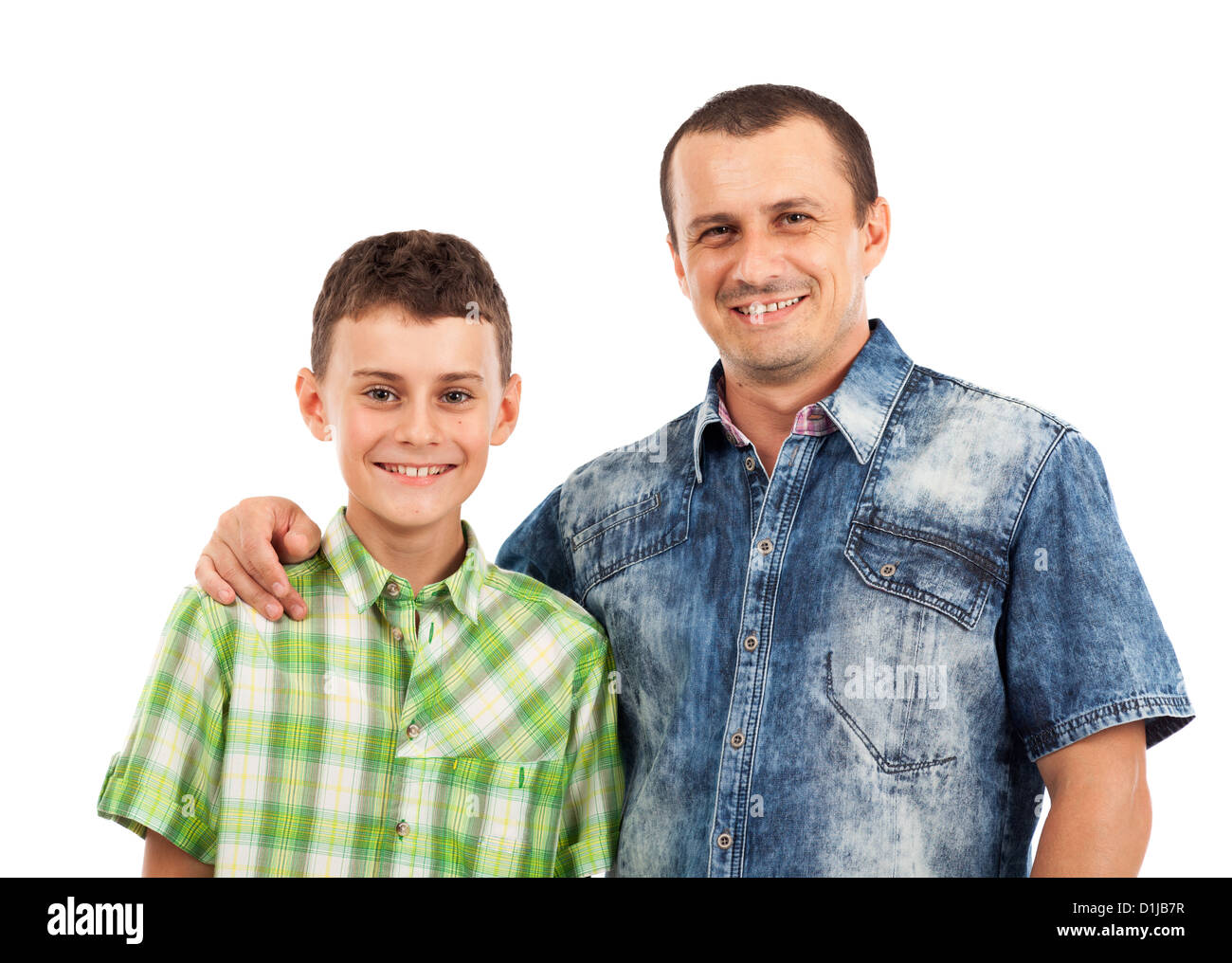 Closeup portrait of father and son standing next to each other ...