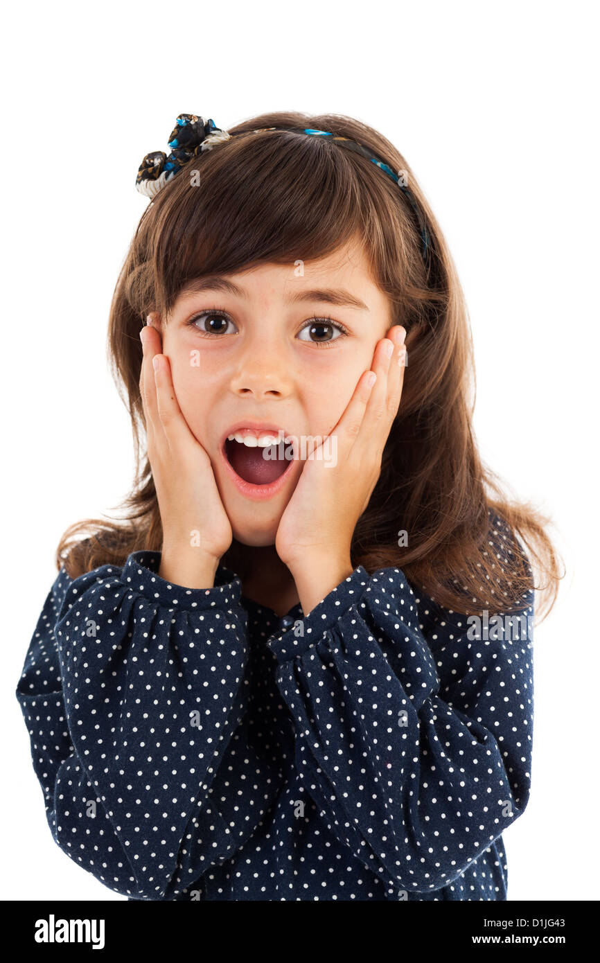 Closeup portrait of a cute little girl with surprised facial expression ...