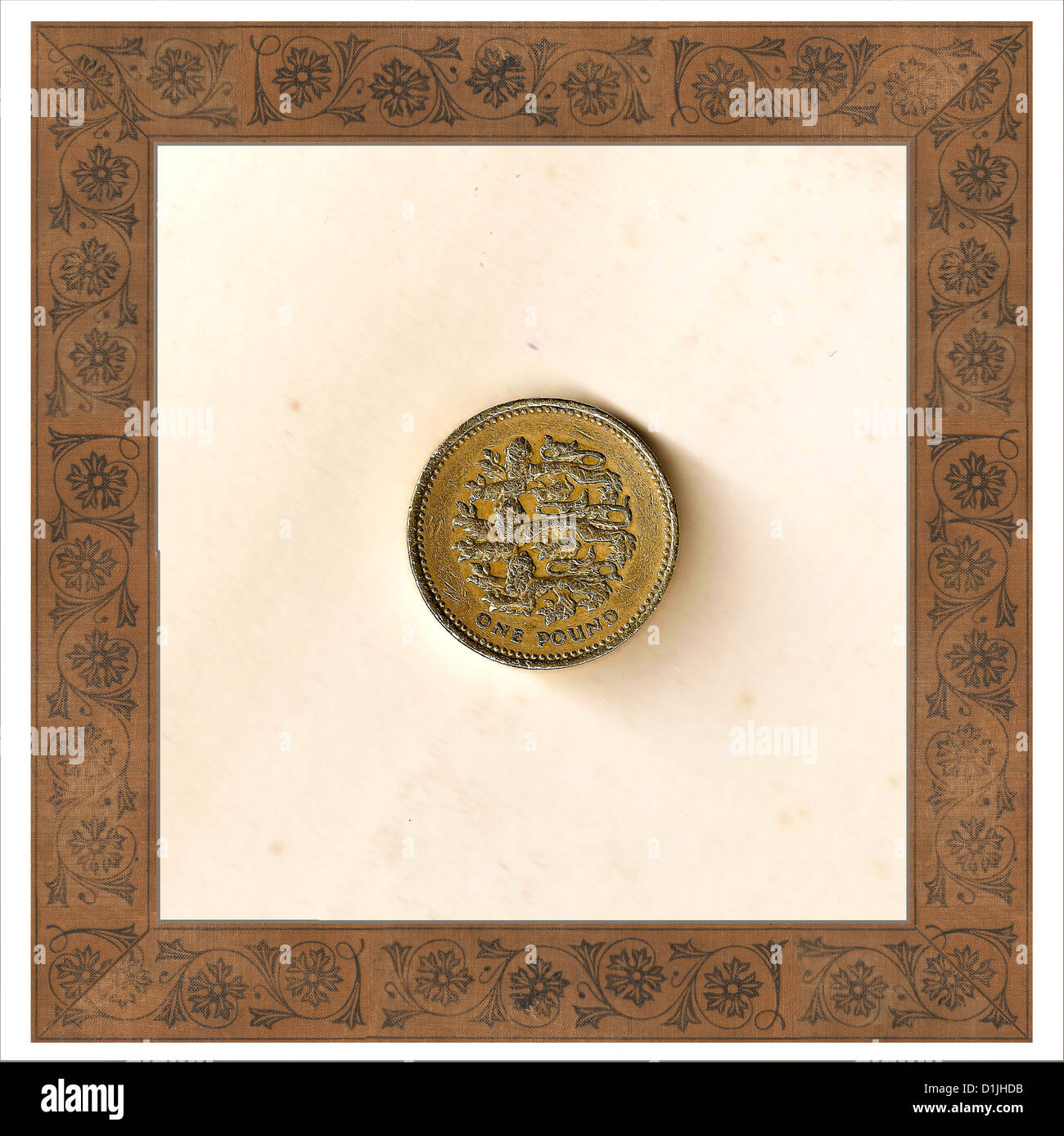 English pound coin mounted in frame with Three Lions representing ...