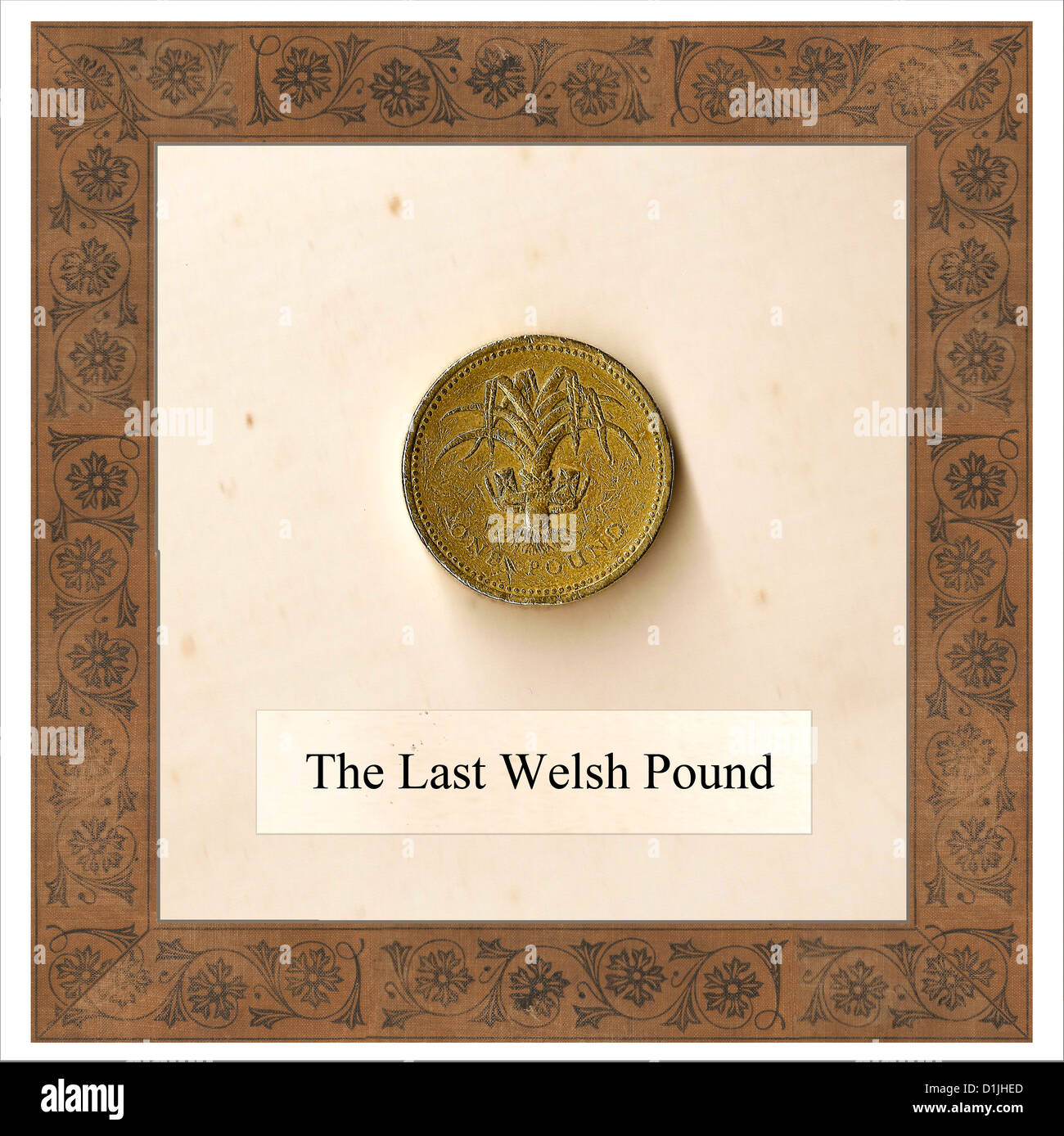 Welsh pound coin mounted in frame with Leek representing Wales with ...