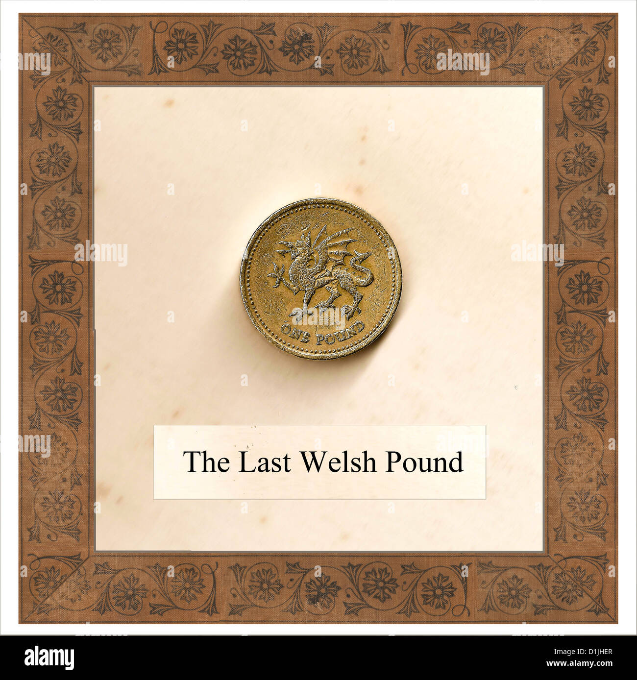 Welsh pound coin mounted in frame with Dragon representing Wales with ...