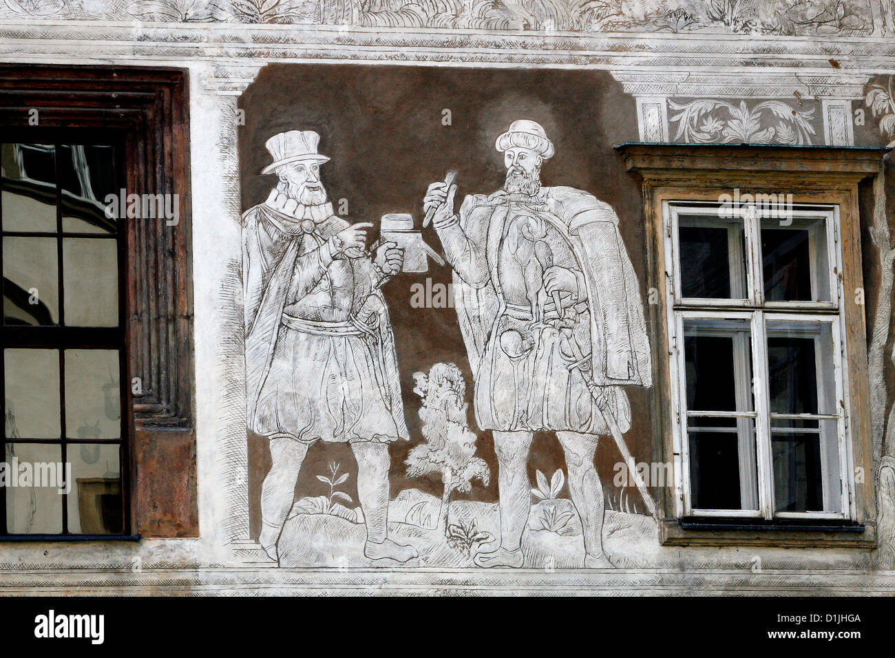 Sgraffito Emperor Rudolf II (left). on the walls of the castle in ...