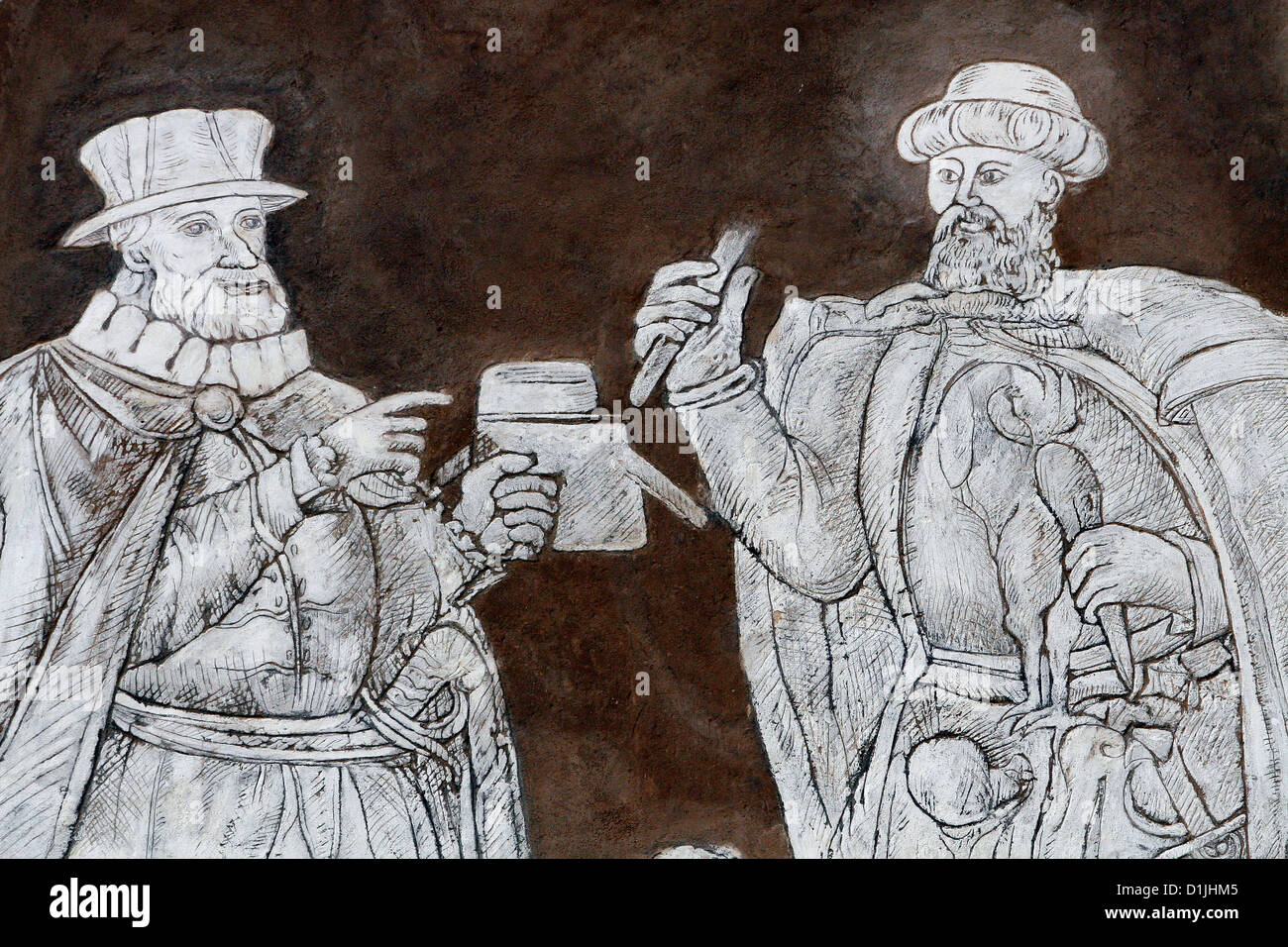 Emperor Rudolf II (left) drinking beer. on the walls of the castle in ...
