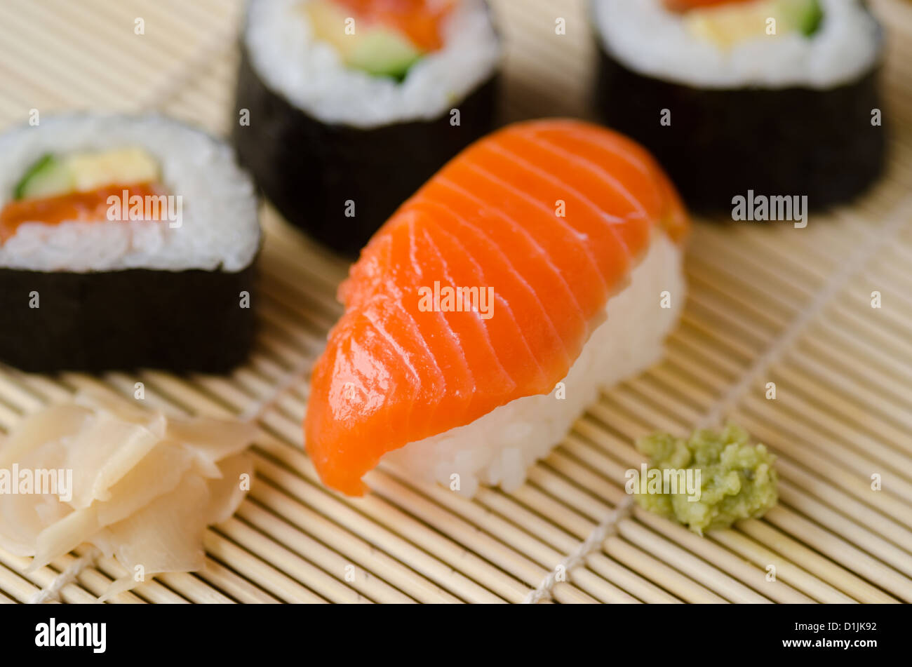 Japanese Cuisine, Sushi Set with Salmon, sushi rolls, gari ginger ...