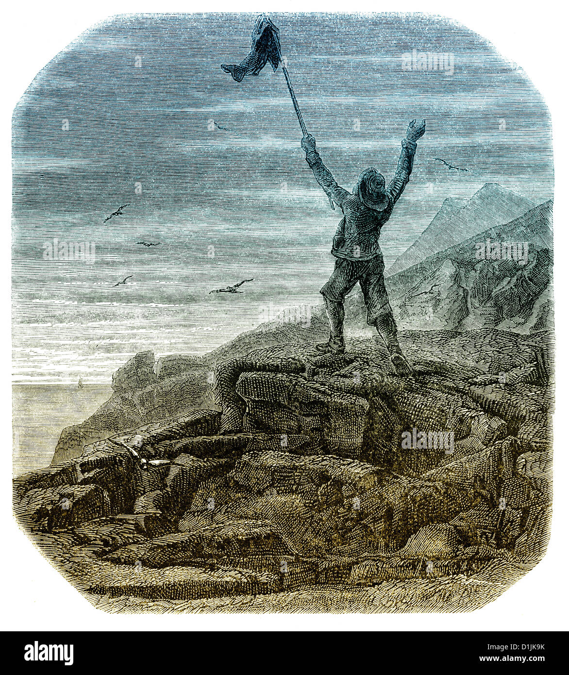 Historic drawing, 19th century, a shipwrecked man, scene from a ...