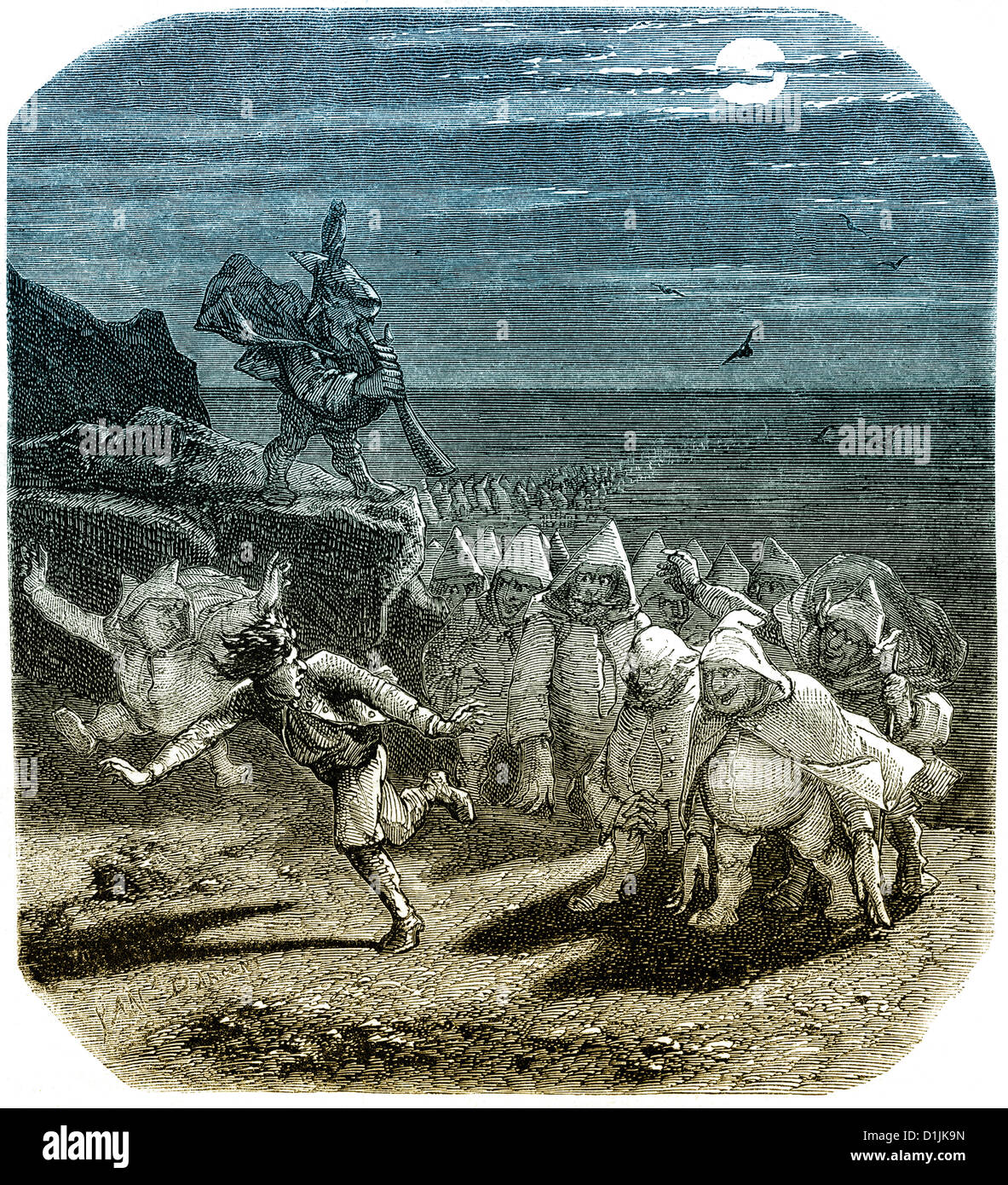 Historic drawing, 19th century, hooded figures walking out of the sea ...