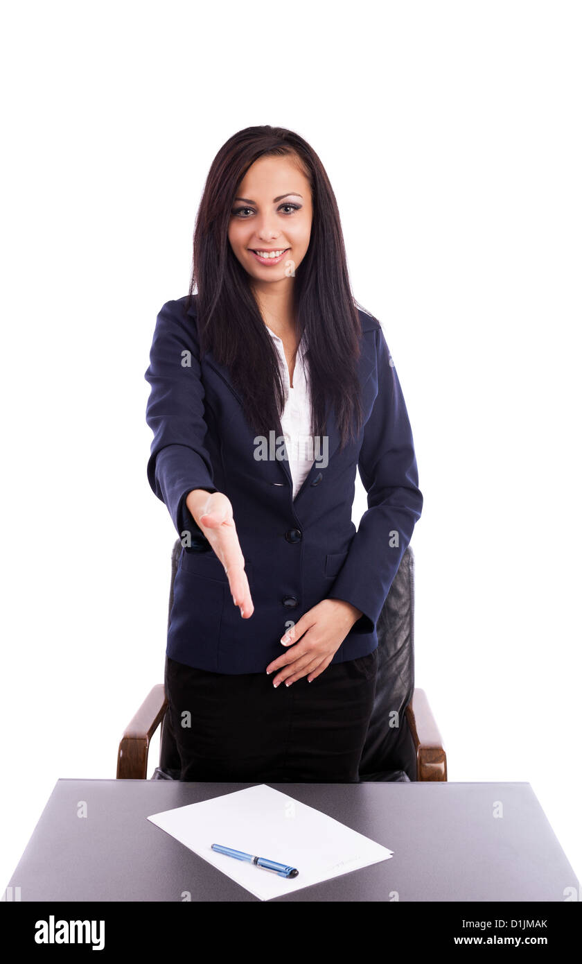 Portrait of a beautiful hispanic businesswoman giving hand for ...