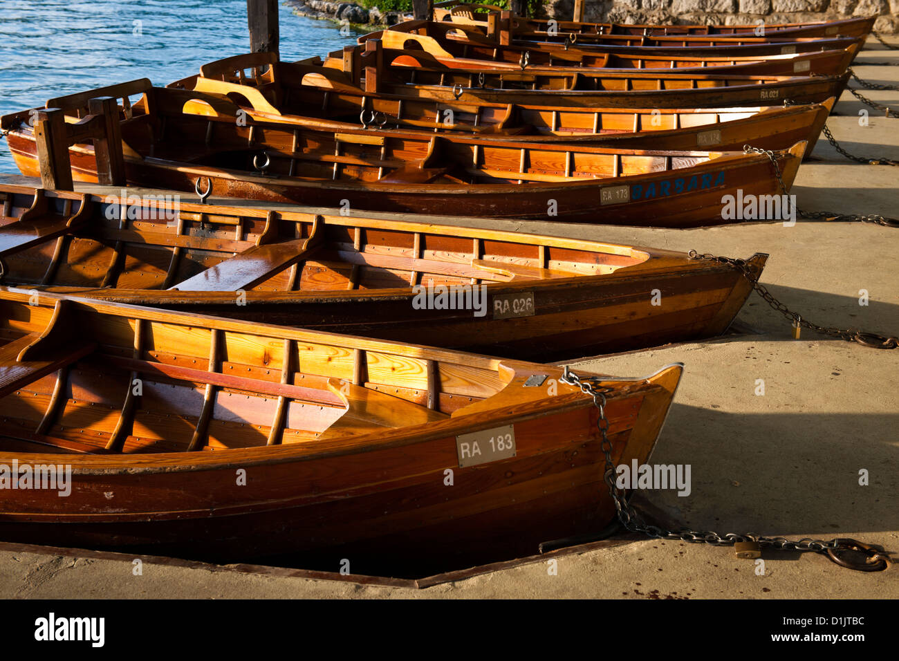 Wooden boats, Lake Bled Stock Photo - Alamy
