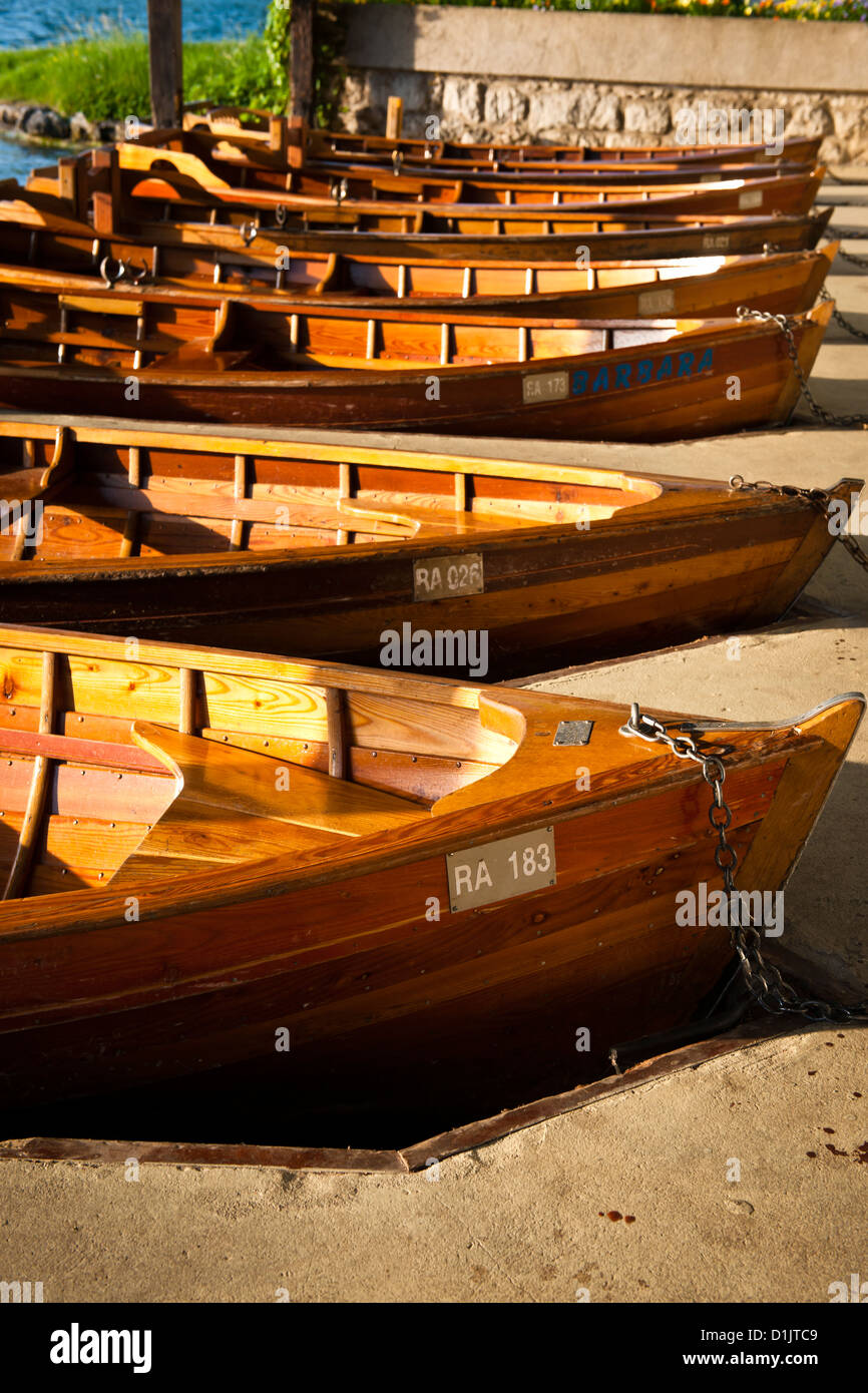 Wooden boats, Lake Bled Stock Photo - Alamy