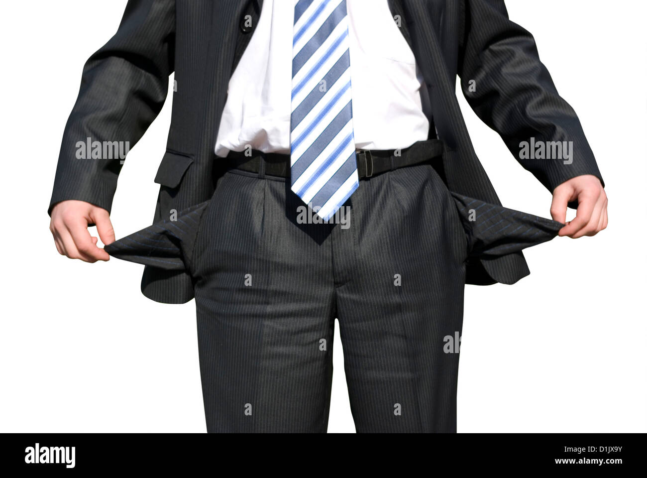 Businessman with empty pockets on white Stock Photo - Alamy