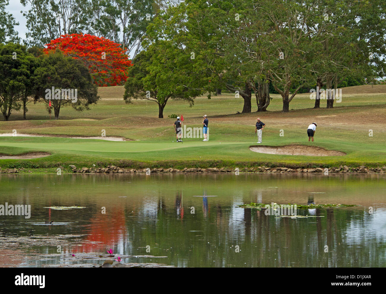 Group of golfers playing on picturesque golf course with people and ...