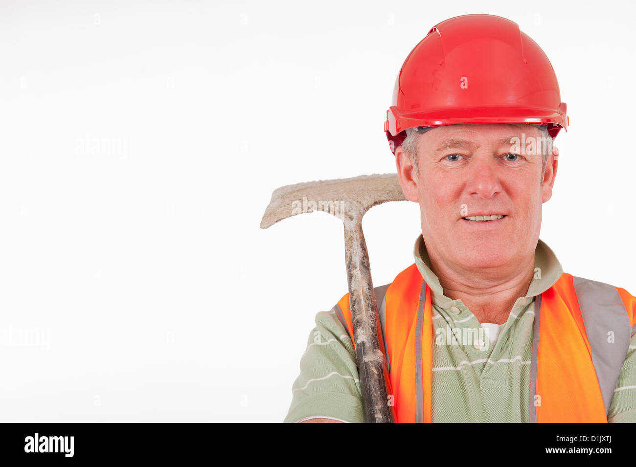 Close up portrait of a construction worker wearing a red hard hat ...